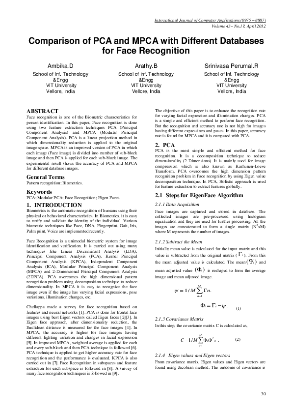 (PDF) Comparison of PCA and MPCA with Different Databases for Face Recognition