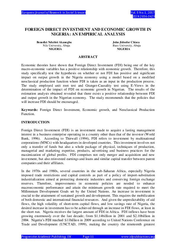 (PDF) FOREIGN DIRECT INVESTMENT AND ECONOMIC GROWTH IN NIGERIA: AN EMPIRICAL ANALYSIS