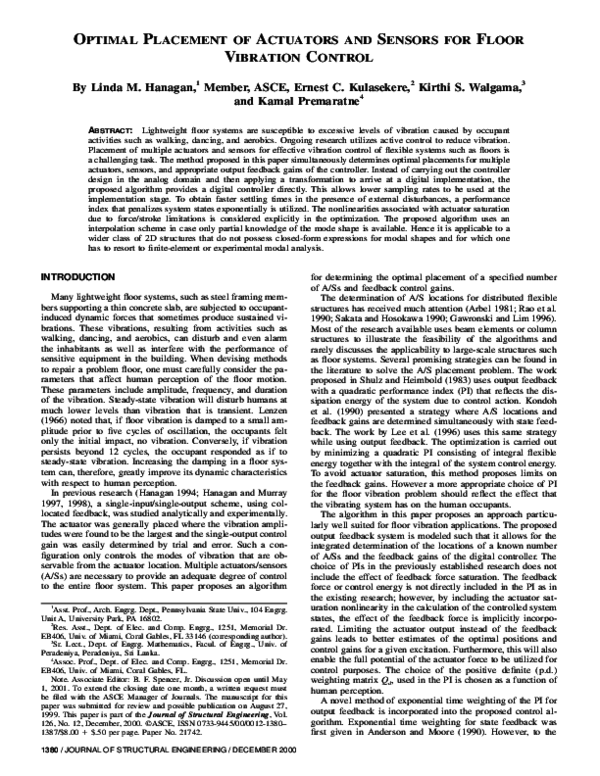 Pdf Optimal Placement Of Actuators And Sensors For Floor Vibration