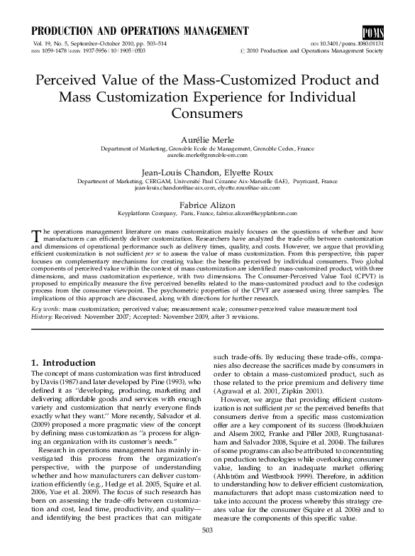 (PDF) Perceived value of the mass-customized product and mass customization experience for ...