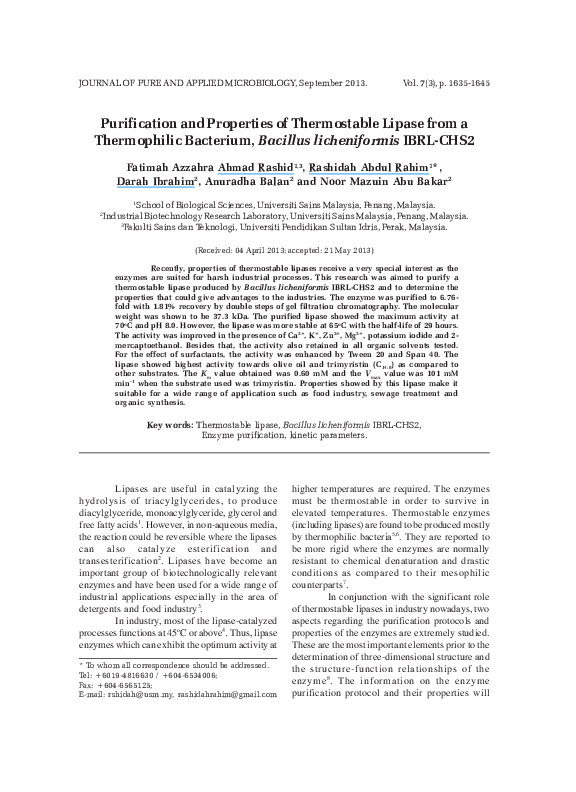 (PDF) Purification and properties of thermostable lipase from a thermophilic Bacillus ...