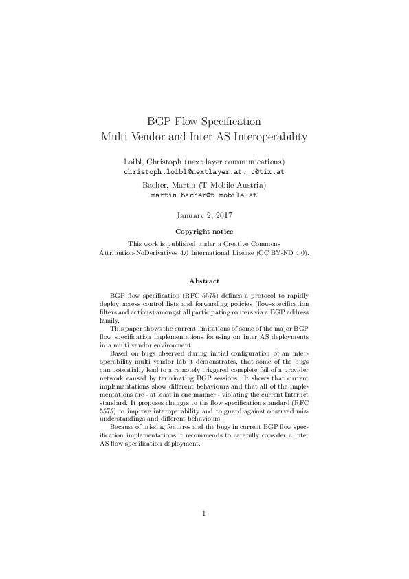 (PDF) BGP Flow Specification Multi Vendor and Inter AS Interoperability