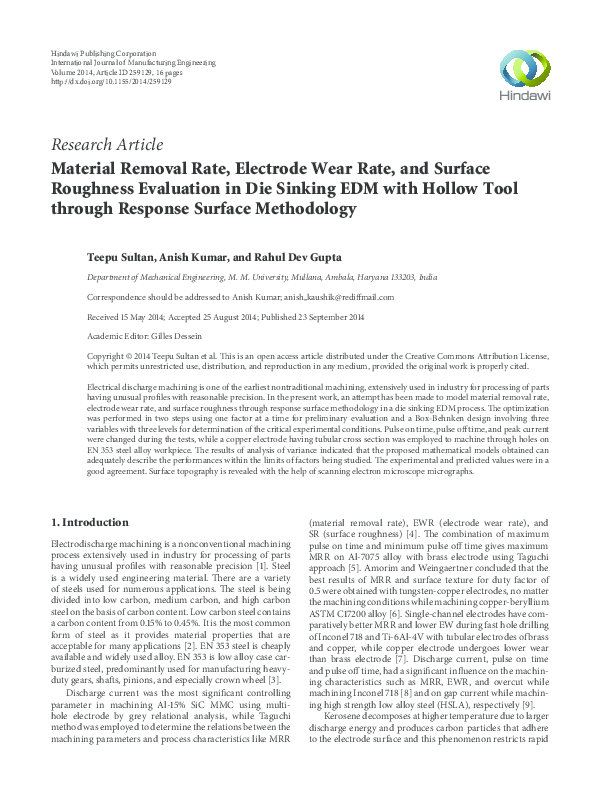Pdf Material Removal Rate Electrode Wear Rate And Surface Roughness Evaluation In Die