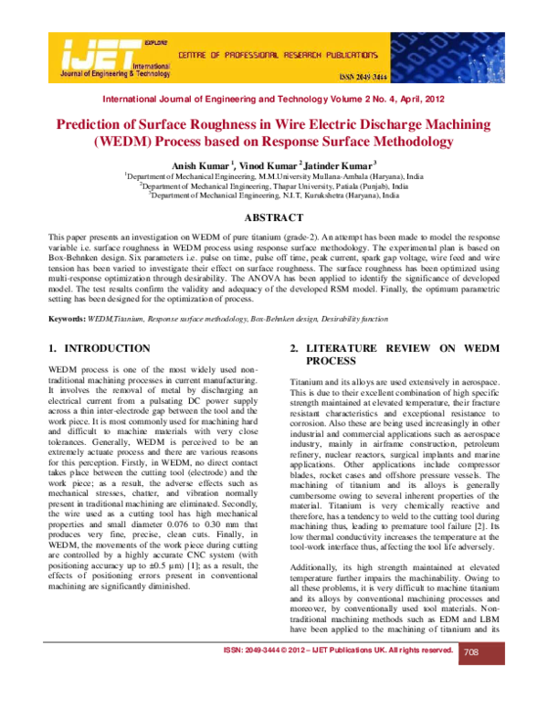 (PDF) Prediction of Surface Roughness in Wire Electric Discharge Machining (WEDM) Process based ...