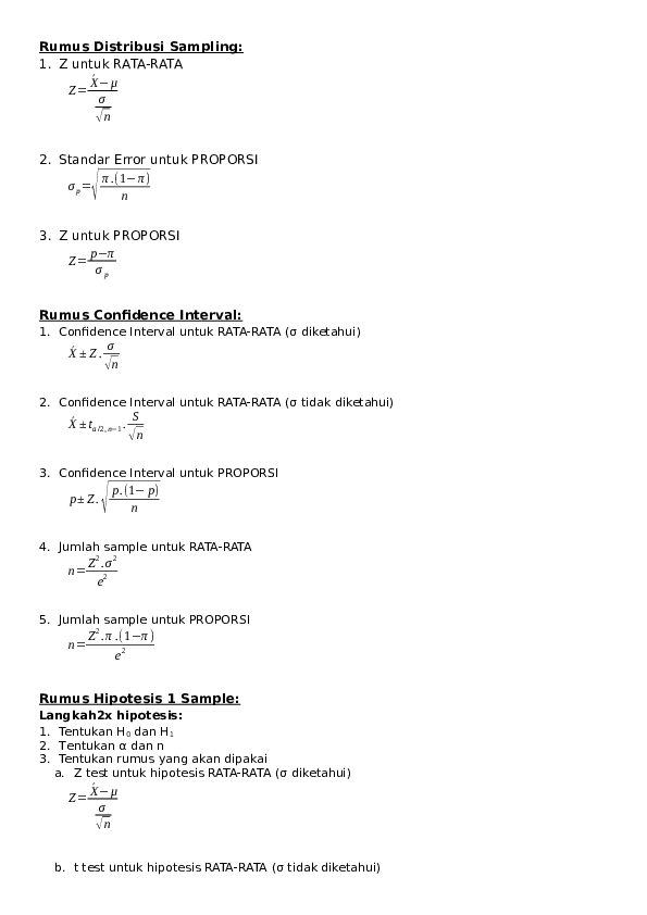 (DOC) Rumus Distribusi Sampling: 1. Z untuk RATA-RATA