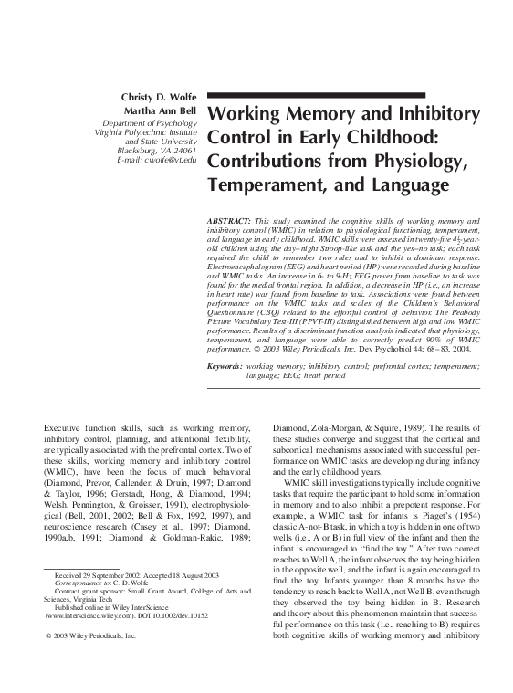 (PDF) Working memory and inhibitory control in early childhood: Contributions from physiology ...