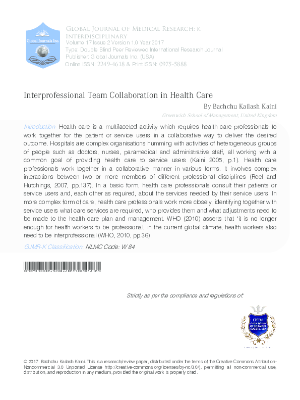 (PDF) Interprofessional Team Collaboration in Health Care