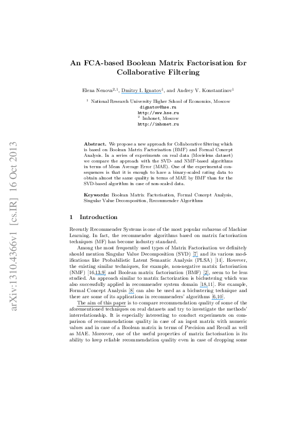 Pdf An Fca Based Boolean Matrix Factorisation For Collaborative Filtering 7211