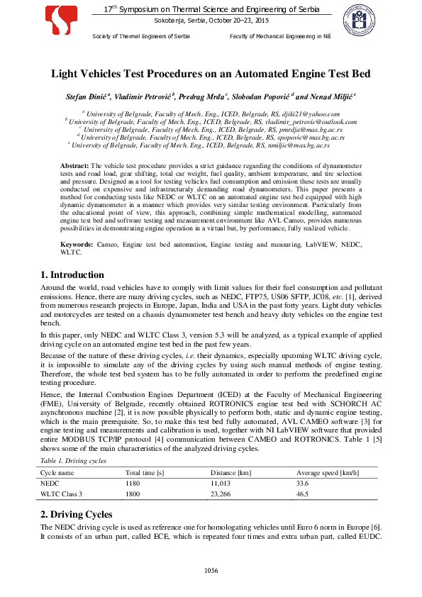 (PDF) Light Vehicles Test Procedures on an Automated Engine Test Bed