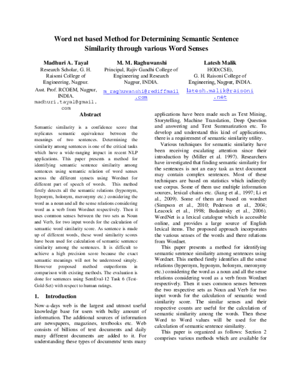 Pdf Word Net Based Method For Determining Semantic Sentence