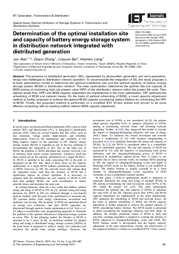 (PDF) Determination of the optimal installation site and capacity of battery energy storage ...