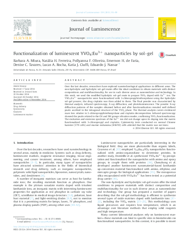 (PDF) Functionalization of luminescent YVO4:Eu3+ nanoparticles by sol–gel
