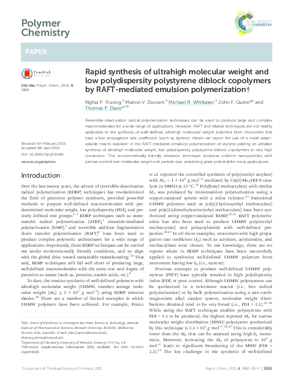 (PDF) Rapid Synthesis of Ultrahigh Molecular Weight and Low Polydispersity Polystyrene Diblock ...