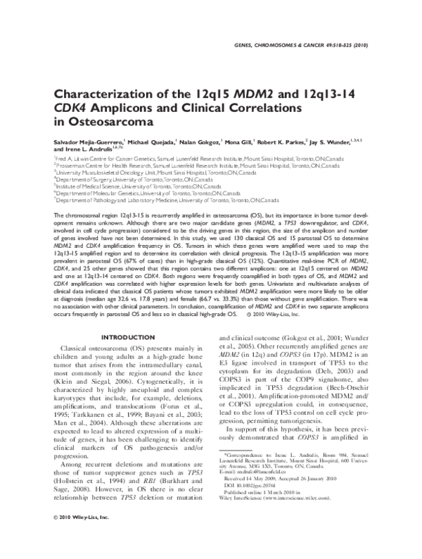 (PDF) Characterization of the 12q15 MDM2 and 12q13-14 CDK4 amplicons ...