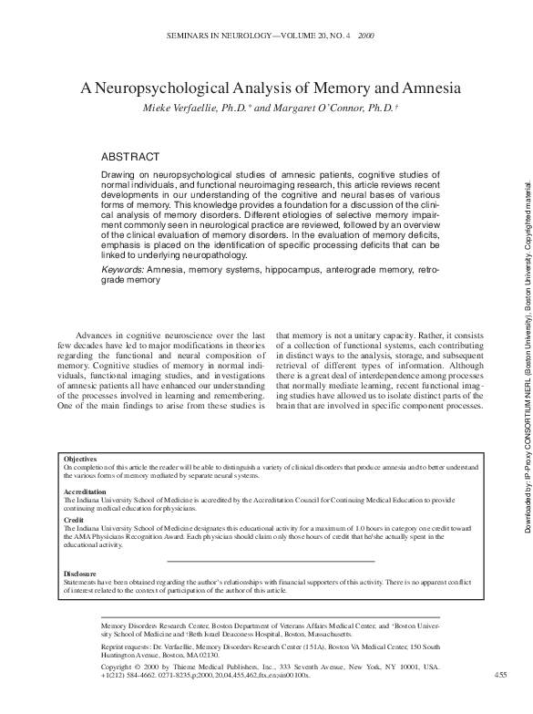 (PDF) A Neuropsychological Analysis of Memory and Amnesia