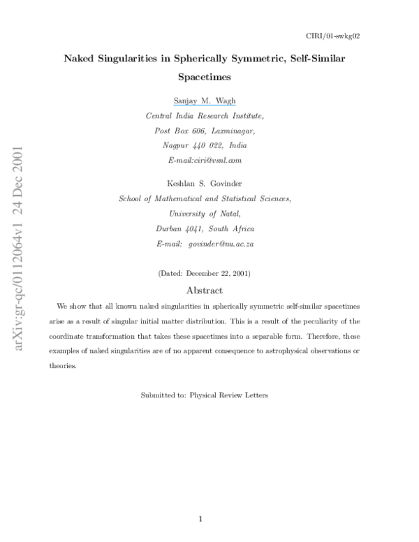 Pdf Naked Singularities In Spherically Symmetric Self Similar Spacetimes