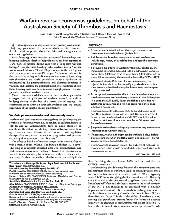 Pdf Warfarin Reversal Consensus Guidelines On Behalf Of The Australasian Society Of