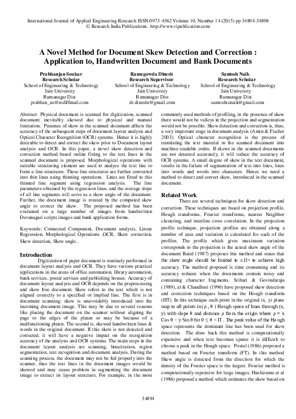 Pdf A Novel Method For Document Skew Detection And Correction Application To Handwritten