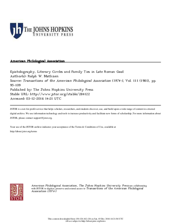 (PDF) Epistolography, Literary Circles and Family Ties in Late Roman Gaul