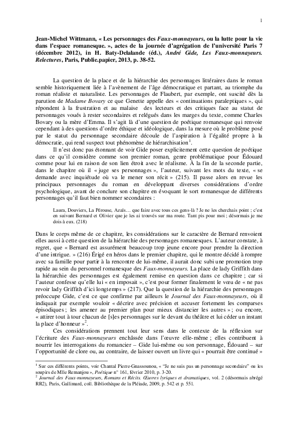 (PDF) « Les personnages des Faux-monnayeurs, ou la lutte pour la vie ...
