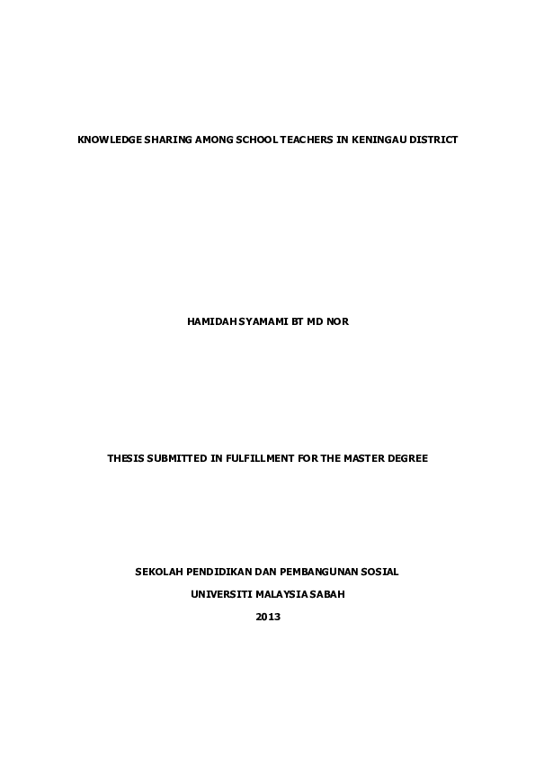 (PDF) KNOWLEDGE SHARING AMONG SCHOOL TEACHERS IN KENINGAU DISTRICT HAMIDAH SYAMAMI BT MD NOR ...