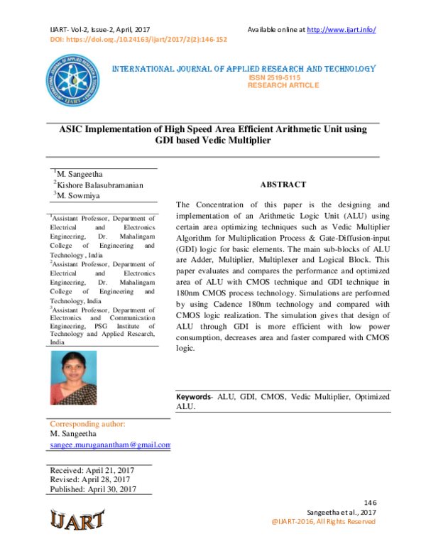 Pdf Asic Implementation Of High Speed Area Efficient Arithmetic Unit Using Gdi Based Vedic