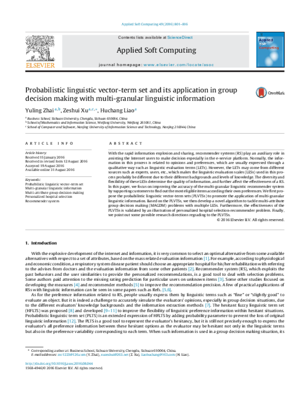 (PDF) Probabilistic linguistic vector-term set and its application in group decision making with ...