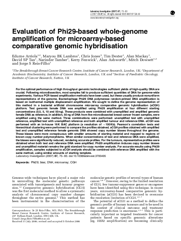 Pdf Evaluation Of Phi29 Based Whole Genome Amplification For Microarray Based Comparative