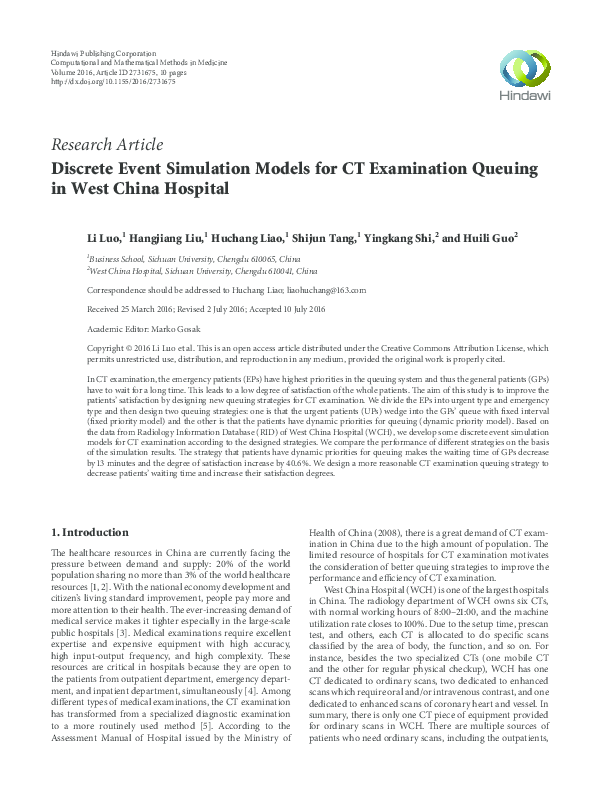 Pdf Discrete Event Simulation Models For Ct Examination Queuing In West China Hospital 