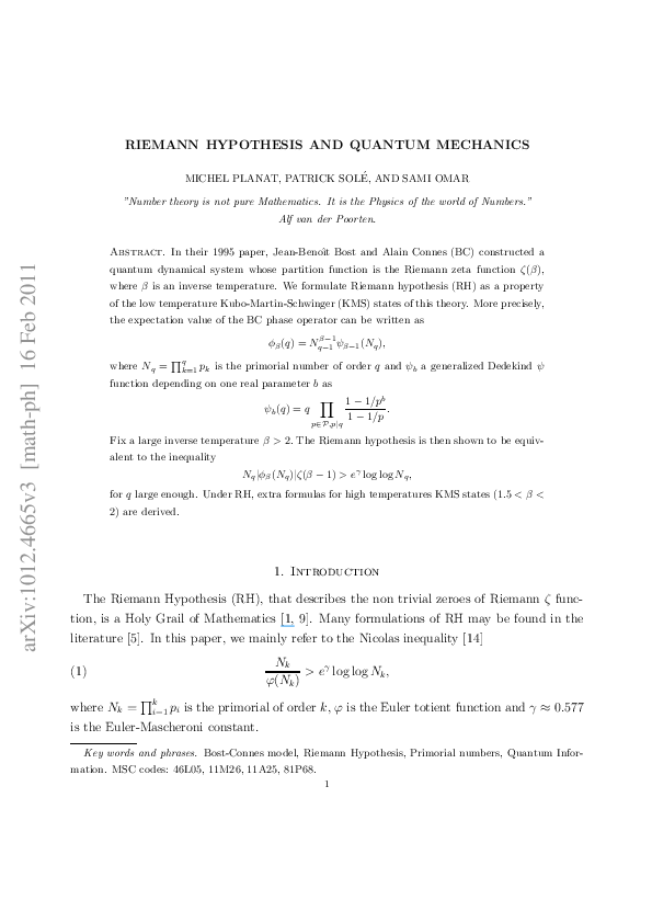 (PDF) Riemann hypothesis and quantum mechanics