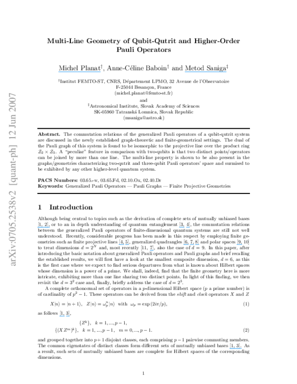 (PDF) Multi-Line Geometry of Qubit–Qutrit and Higher-Order Pauli Operators