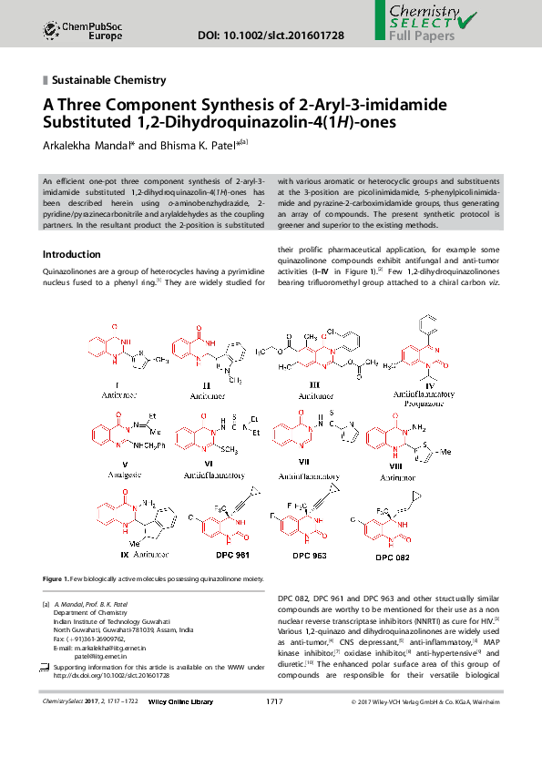 (PDF) A Three Component Synthesis of 2-Aryl-3-imidamide Substituted 1,2-Dihydroquinazolin-4(1H)-ones