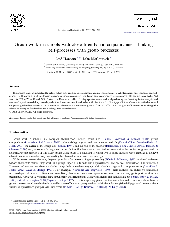 (PDF) Group work in schools with close friends and acquaintances ...