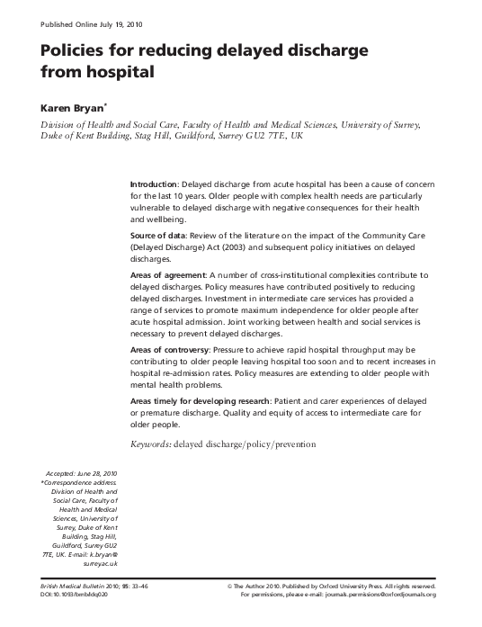 (PDF) Policies for reducing delayed discharge from hospital