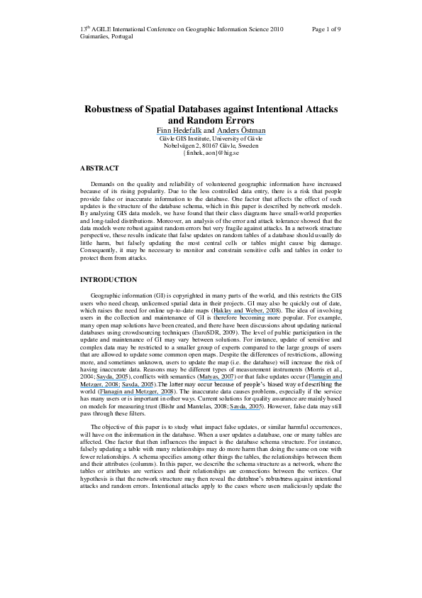 (PDF) Robustness of Spatial Databases against Intentional Attacks and Random Errors