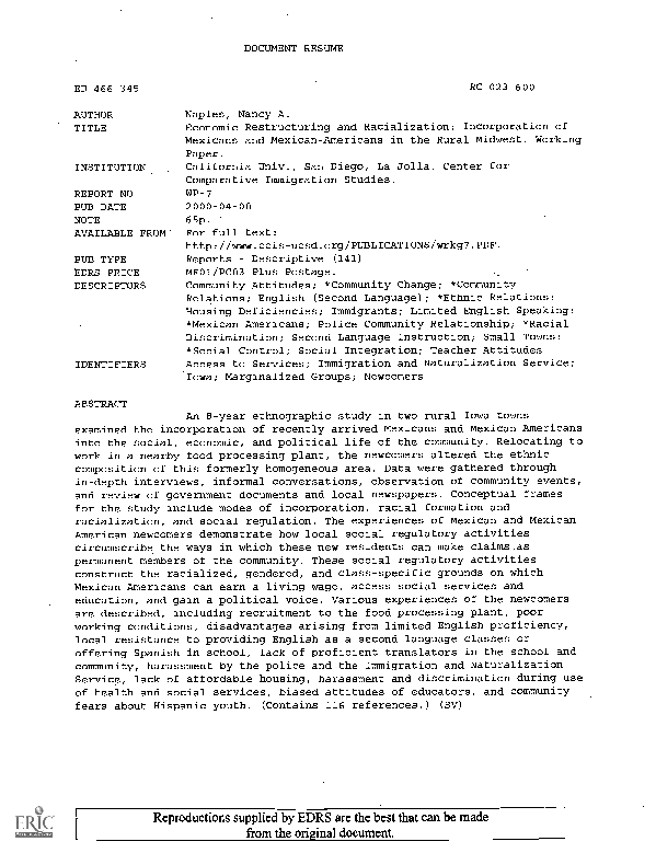 (PDF) Economic Restructuring and Racialization: Incorporation of ...