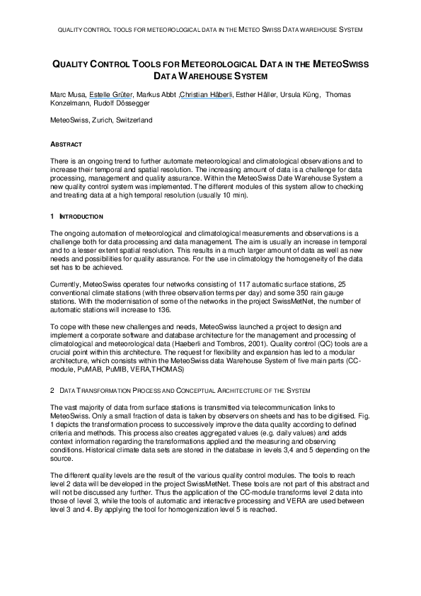 (PDF) Quality control tools for meteorological data in the meteoSwiss data warehouse system