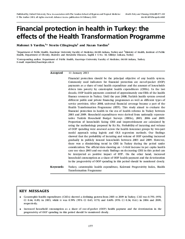 (PDF) Financial protection in health in Turkey: the effects of the ...