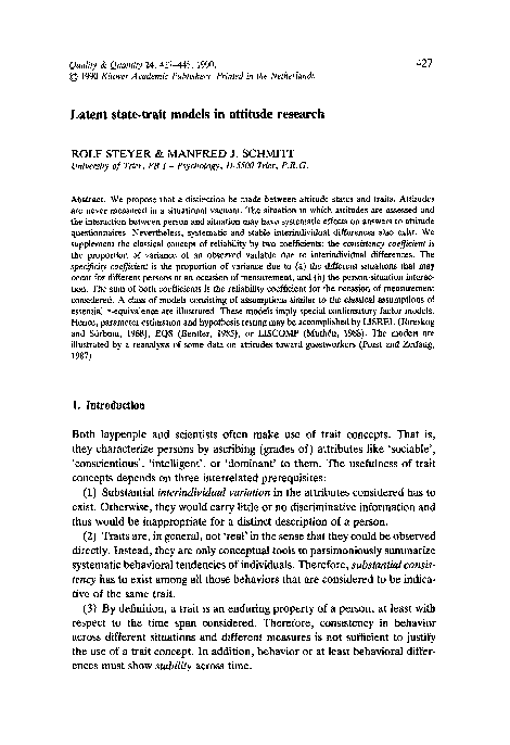 Pdf Latent State Trait Models In Attitude Research