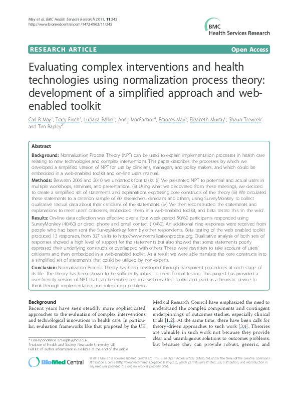 (PDF) Evaluating complex interventions and health technologies using normalization process ...