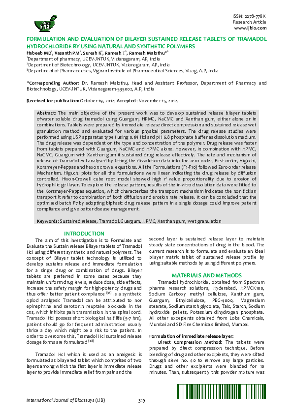 Pdf Formulation And Evaluation Of Bilayer Sustained Release Tablets