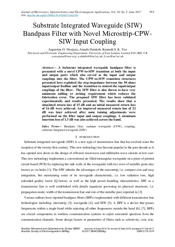 Pdf Substrate Integrated Waveguide Siw Bandpass Filter With Novel Microstrip Cpw Siw Input