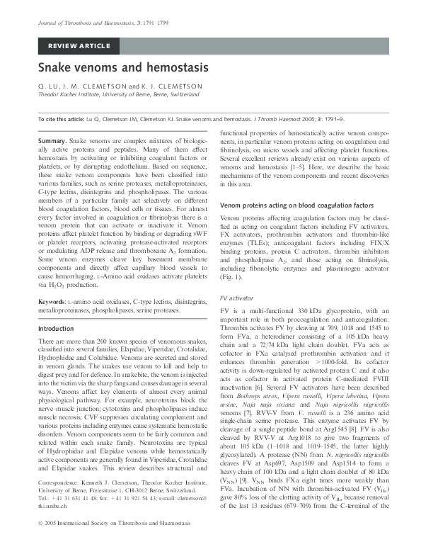 (PDF) Snake venoms and hemostasis