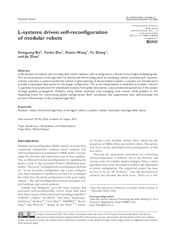Pdf L Systems Driven Self Reconfiguration Of Modular Robots Dongyang Bie