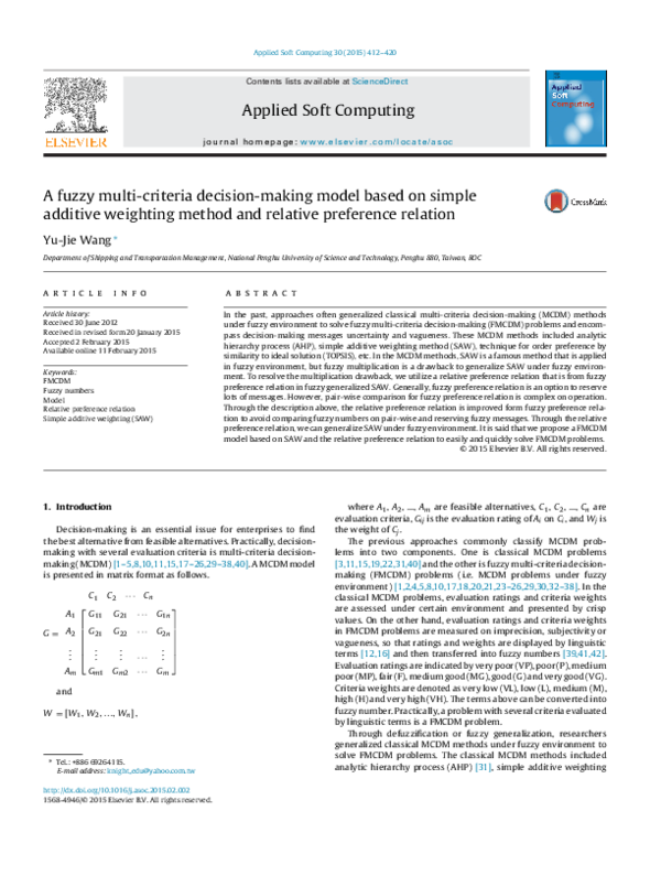 Pdf A Fuzzy Multi Criteria Decision Making Model Based On Simple Additive Weighting Method And