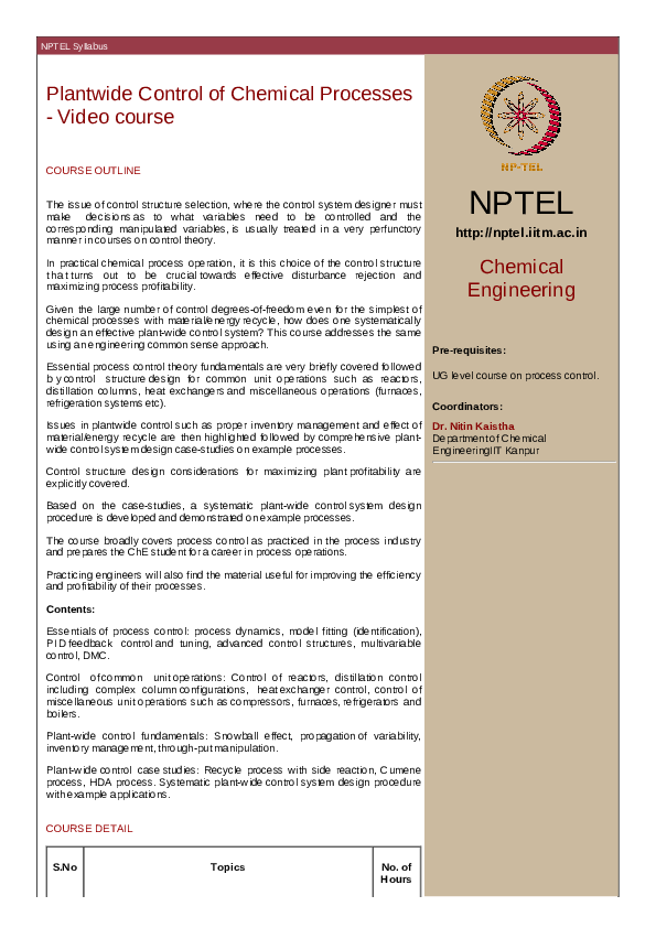 (PDF) Plantwide Control of Chemical Processes -Video course COURSE OUTLINE