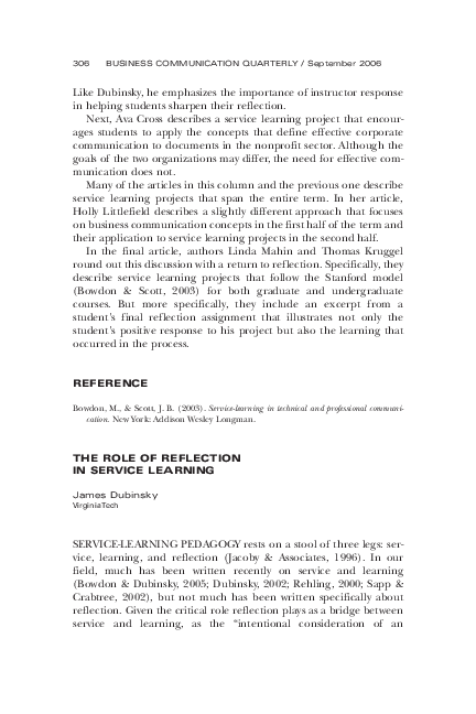 (PDF) The Role of Reflection in Service Learning