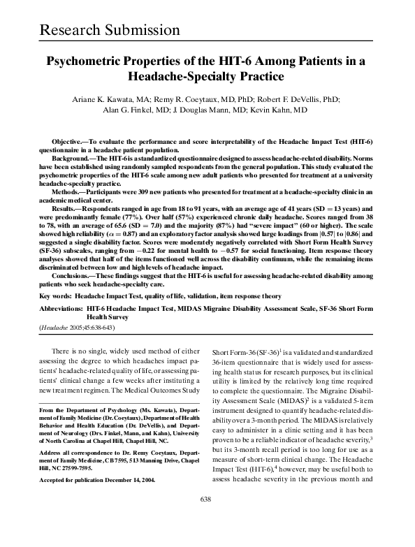 (PDF) Psychometric Properties of the HIT-6 Among Patients in a Headache ...