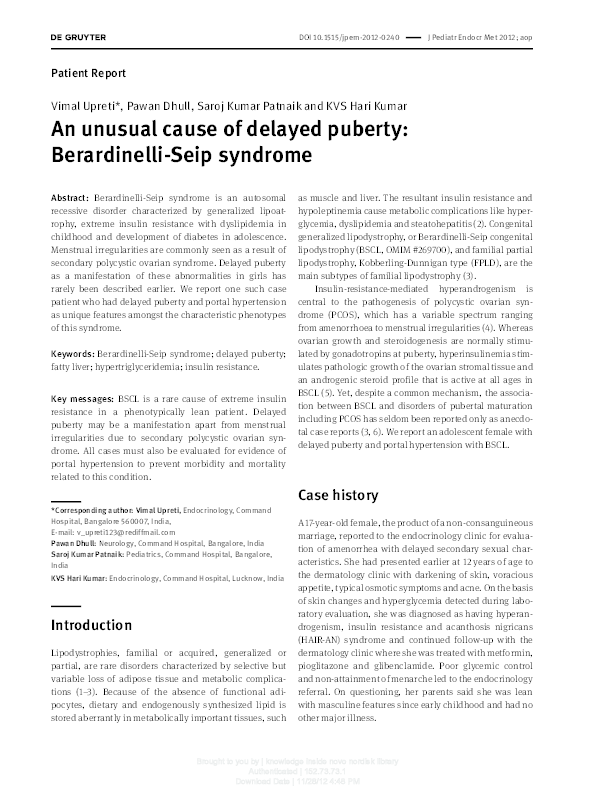(PDF) Patient Report An unusual cause of delayed puberty: Berardinelli-Seip syndrome