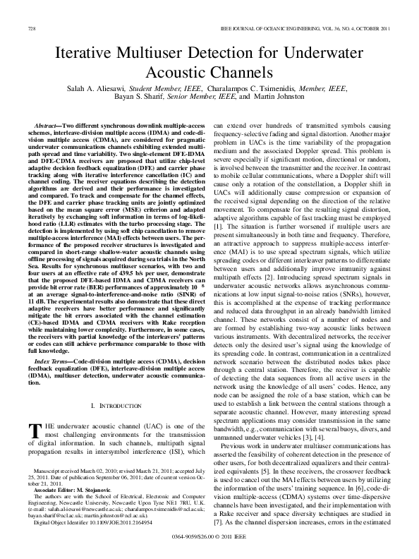 (PDF) Iterative Multiuser Detection for Underwater Acoustic Channels